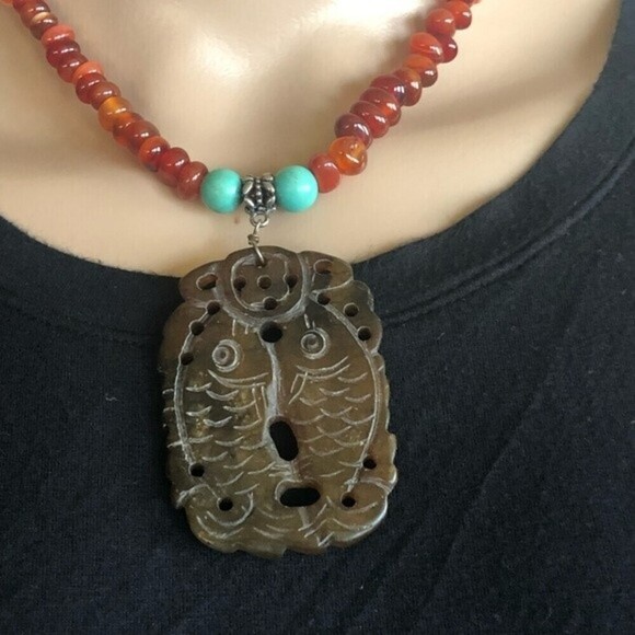 Vintage | Jewelry | Vintage Koi Fish Glass Pendant Amber Beaded ...
